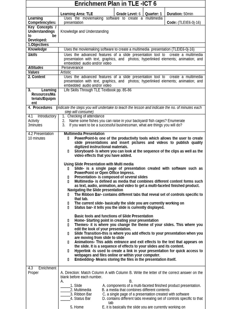Grade 6 TLE-ICT Multimedia Lesson Plan | PDF | Multimedia | Art