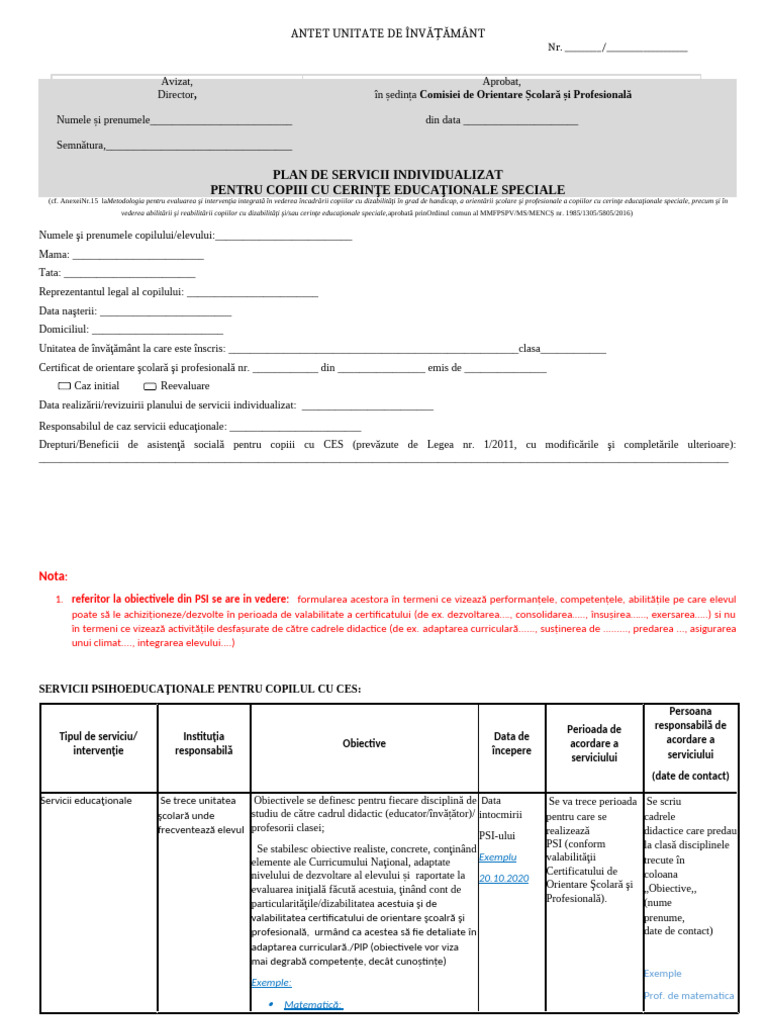 Ghid de Completare - PSI (Plan de Servicii Individualizat) | PDF
