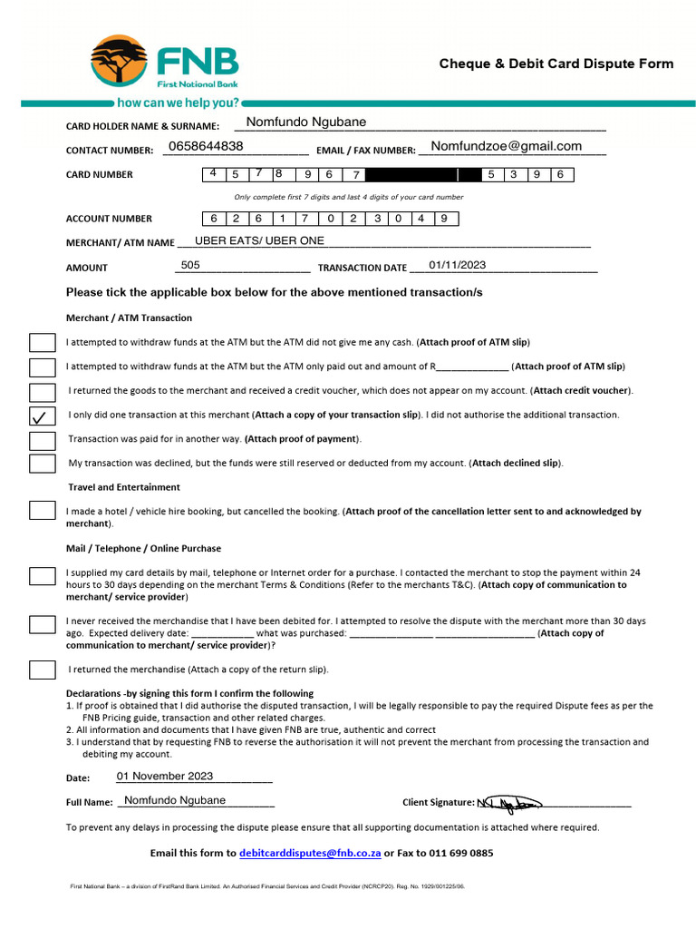 Cheque and Debit Card Dispute Form | PDF