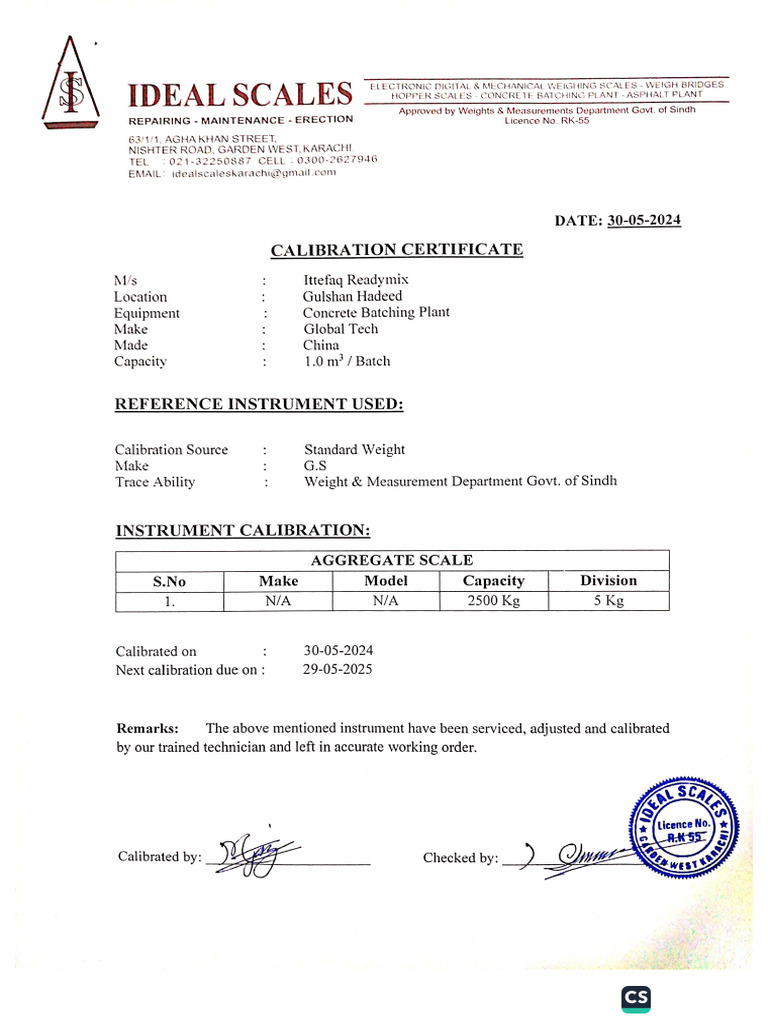 Calibration Certificate Plant# 01 | PDF