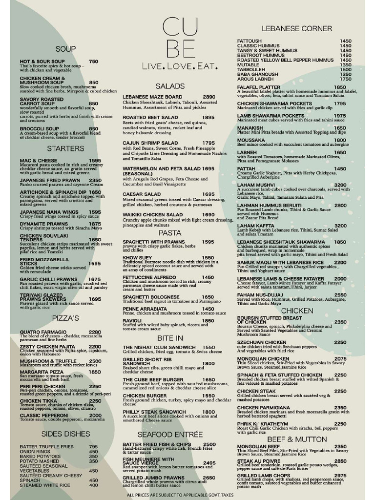Cube Restaurant Menu Updated | PDF