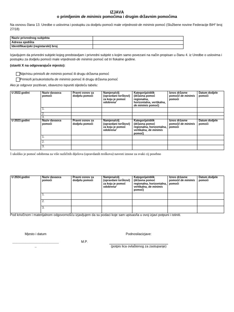 Obrazac Izjave o Primljenim de Minimis Pomocima I Drugim Drzavnim ...