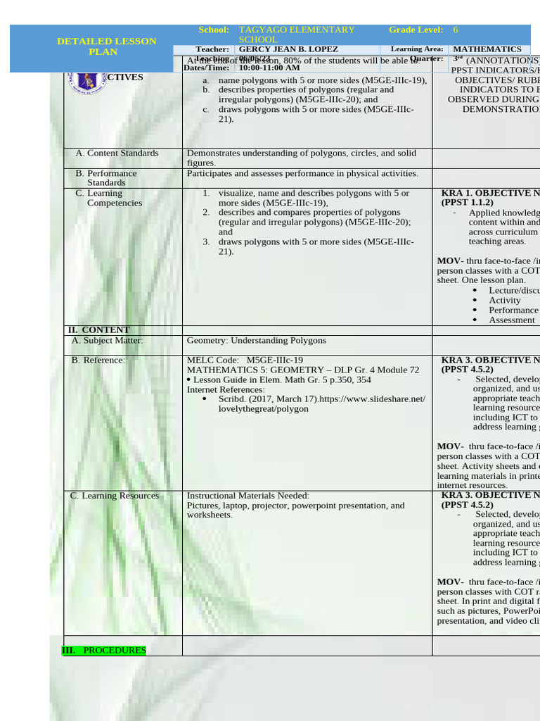 Cot Q3 Math G5 | PDF | Polygon | Euclidean Geometry