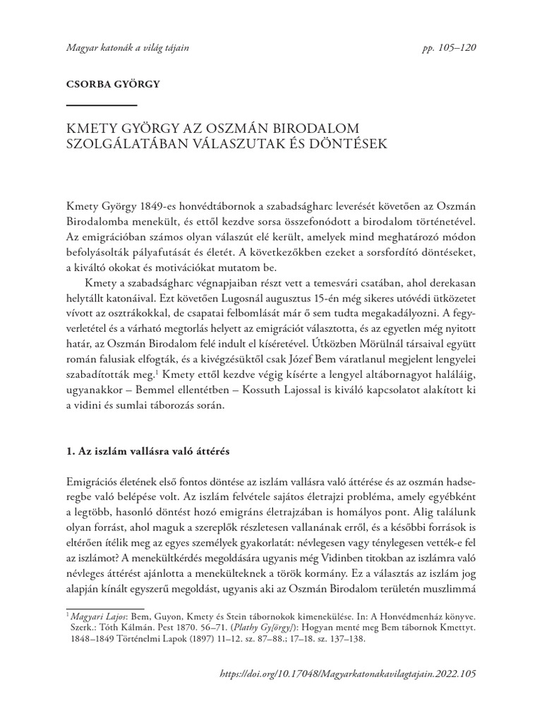 Kmety György Az Oszmán Birodalom Szolgálatában - Válaszutak És Döntések | PDF