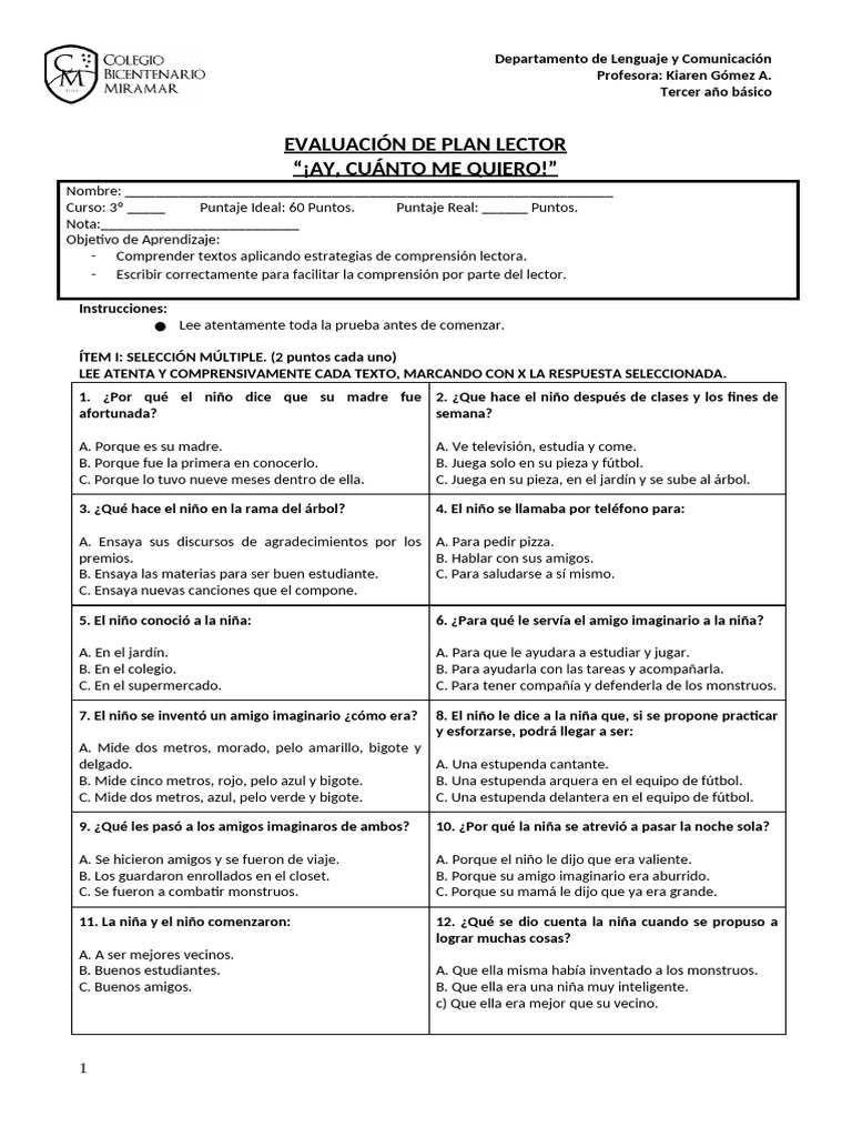Evaluación Plan Lector Ay, Cuánto Me Quiero | PDF