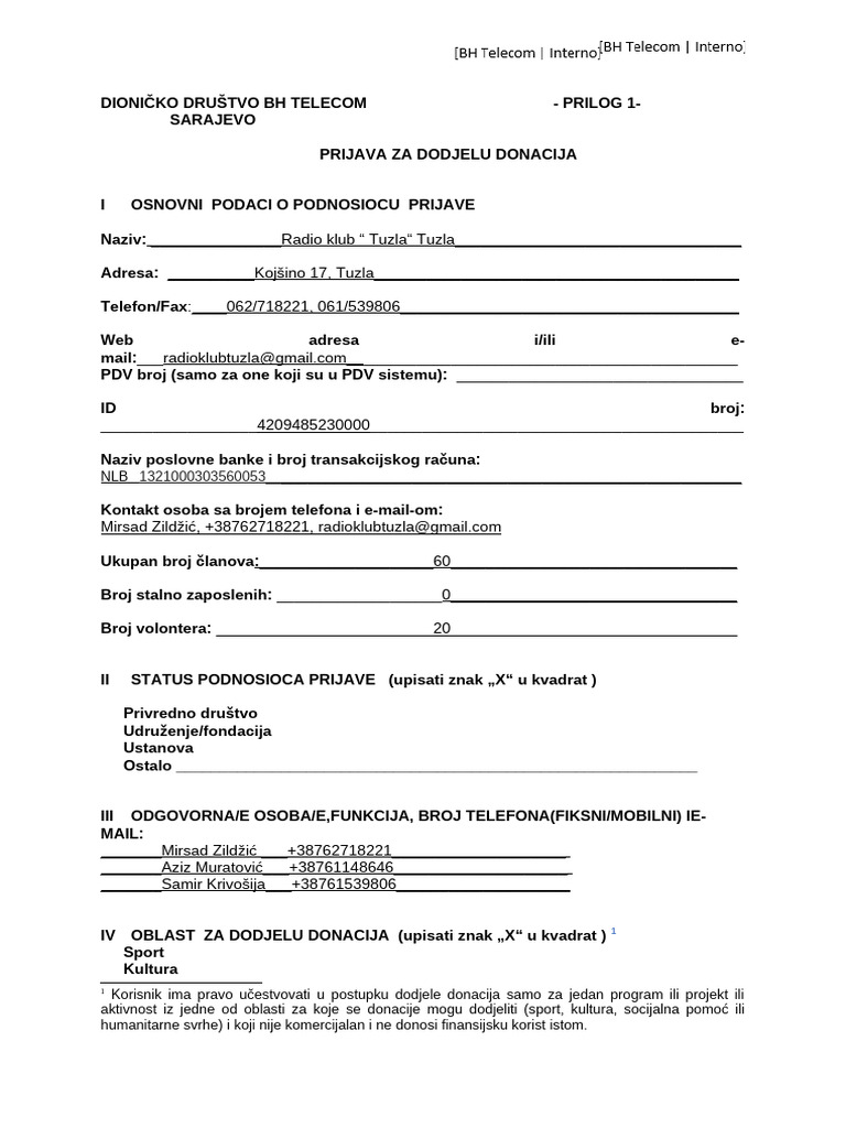 Prijavni Obrazac PRILOG 1 | PDF