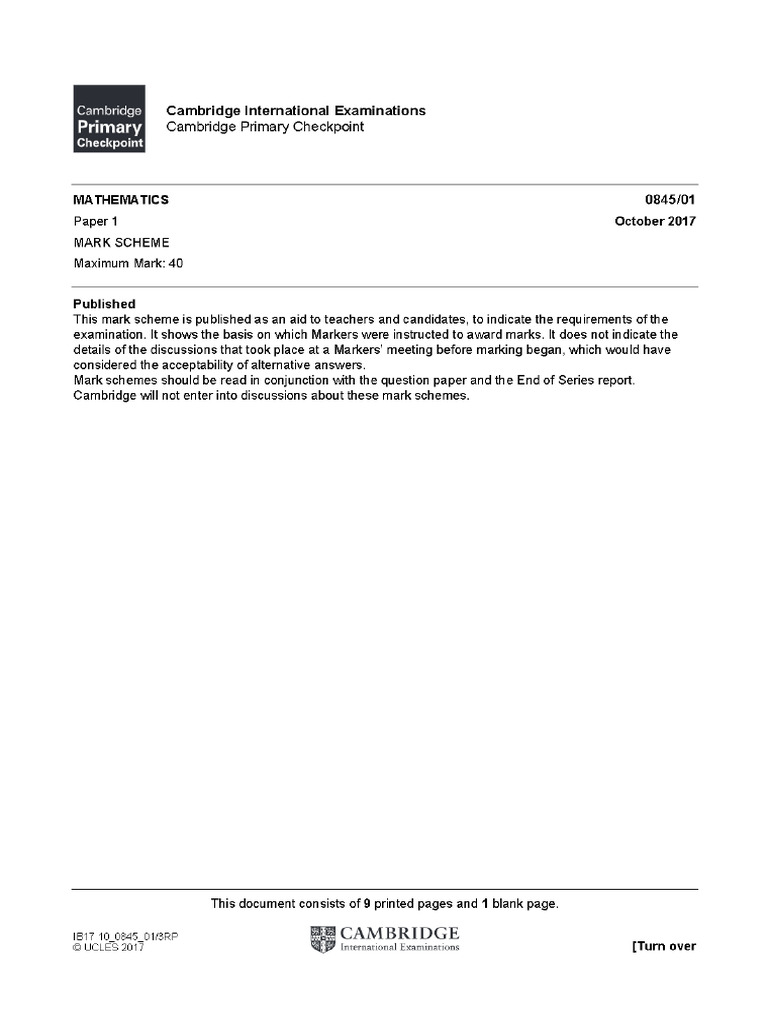 Math October 2017 Paper 1 Marking Scheme Checkpoint | PDF