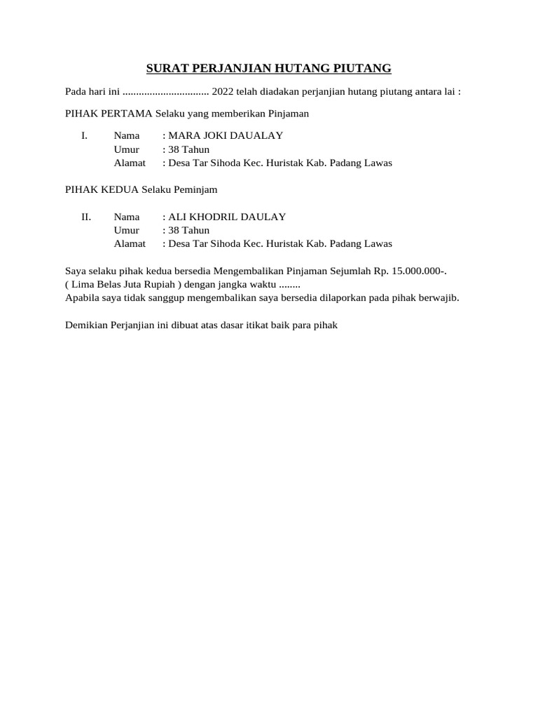 Surat Perjanjian Hutang Piutang | PDF