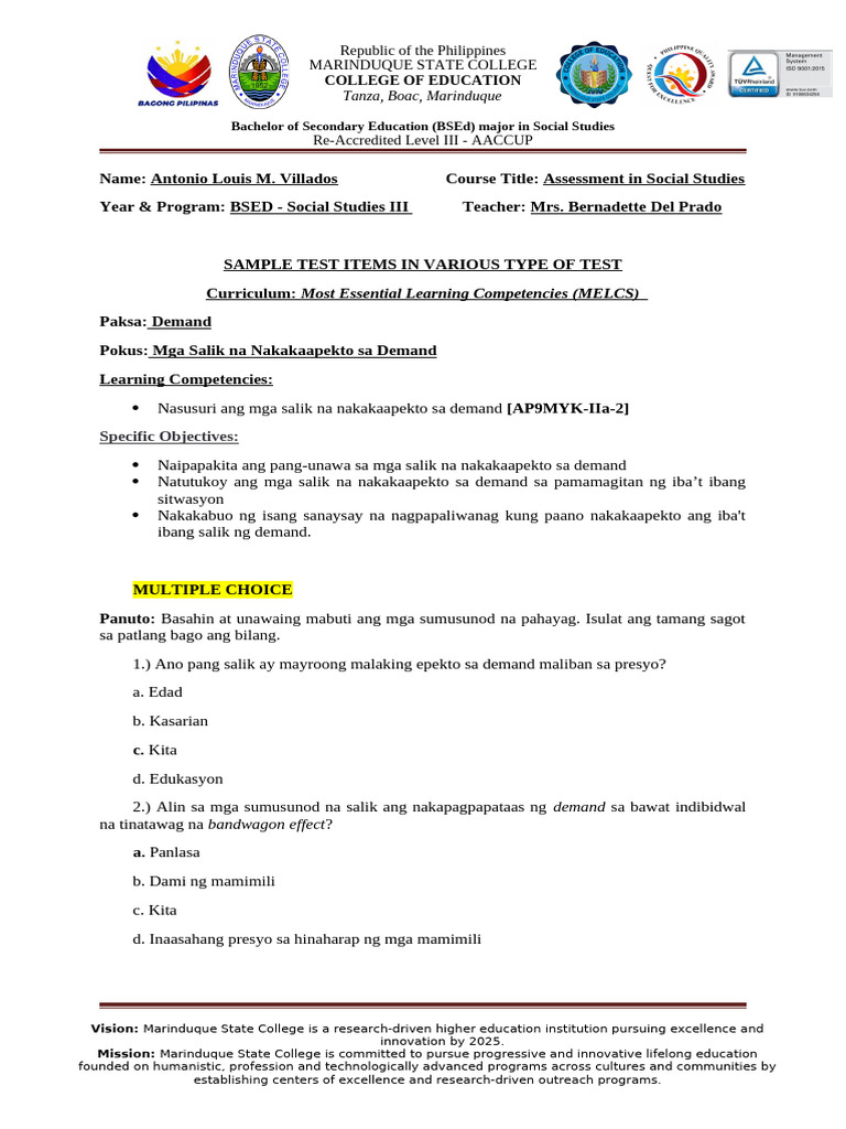 Sample of Test Items Louis (Autorecovered) | PDF