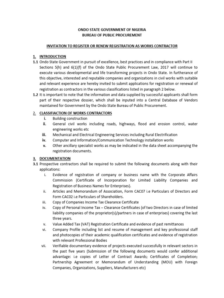 Invitation To Register or Renew Registration As Works Contractor | PDF