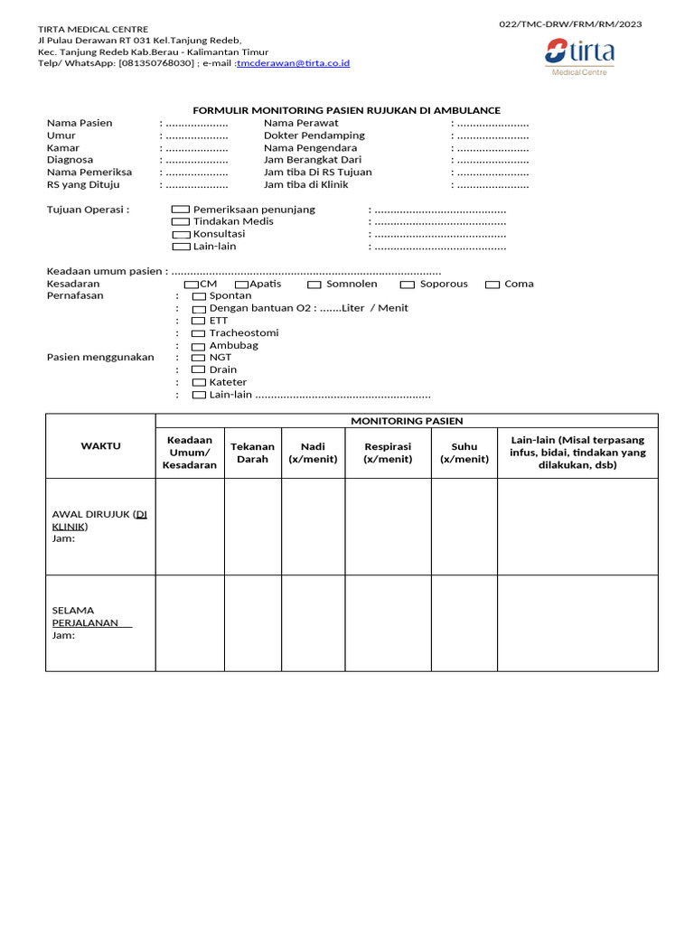 022 Form Monitoring Pasien Rujukan Di Ambulance | PDF