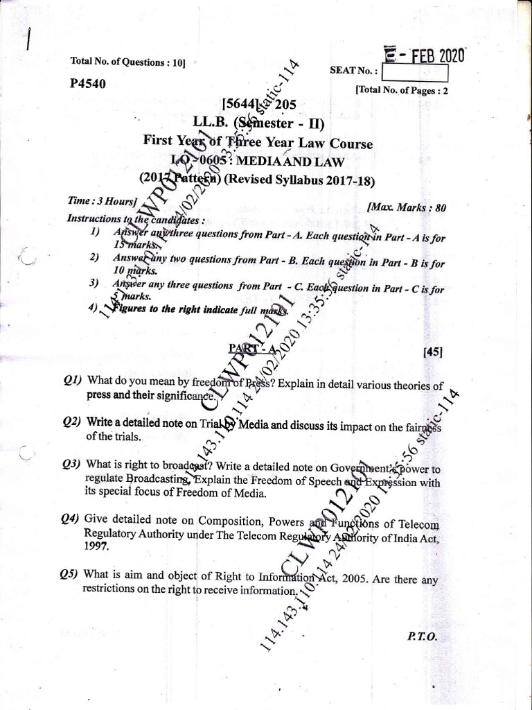 605 Media and Law Question Papers | PDF
