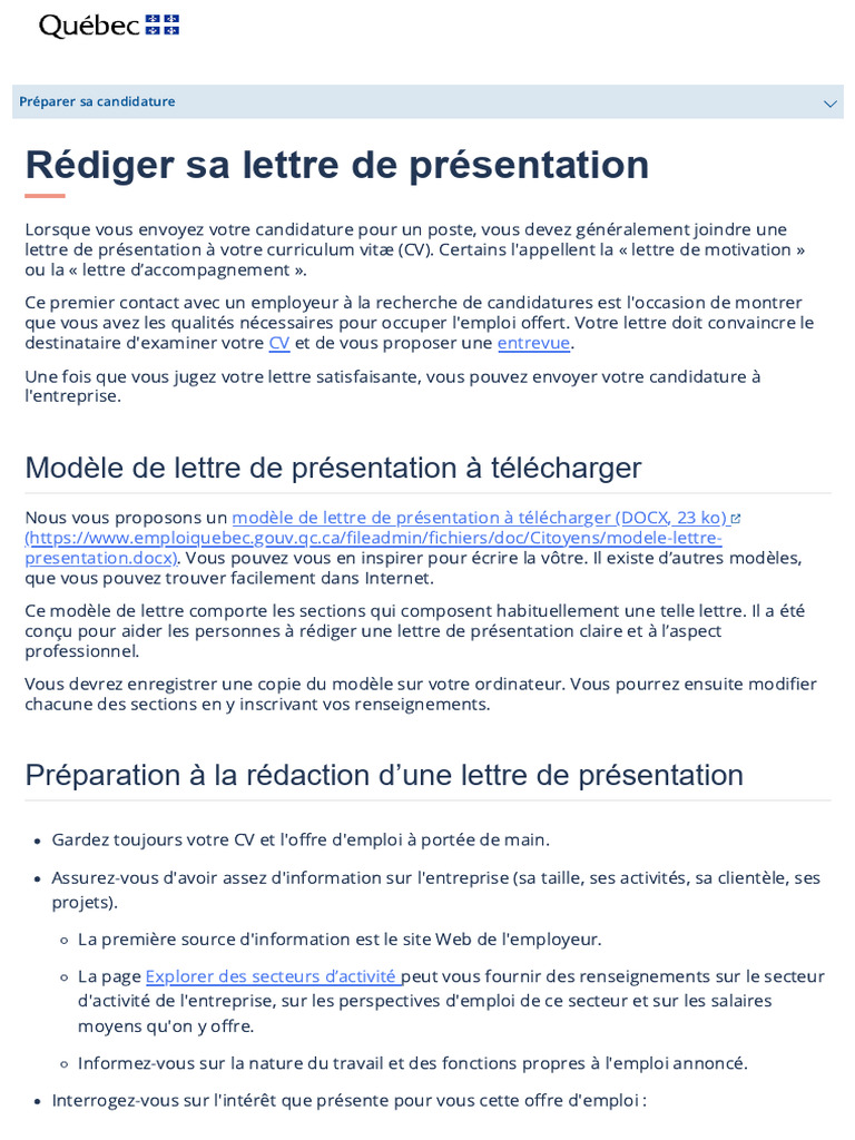 Rédiger Sa Lettre de Présentation - Gouvernement Du Québec | PDF