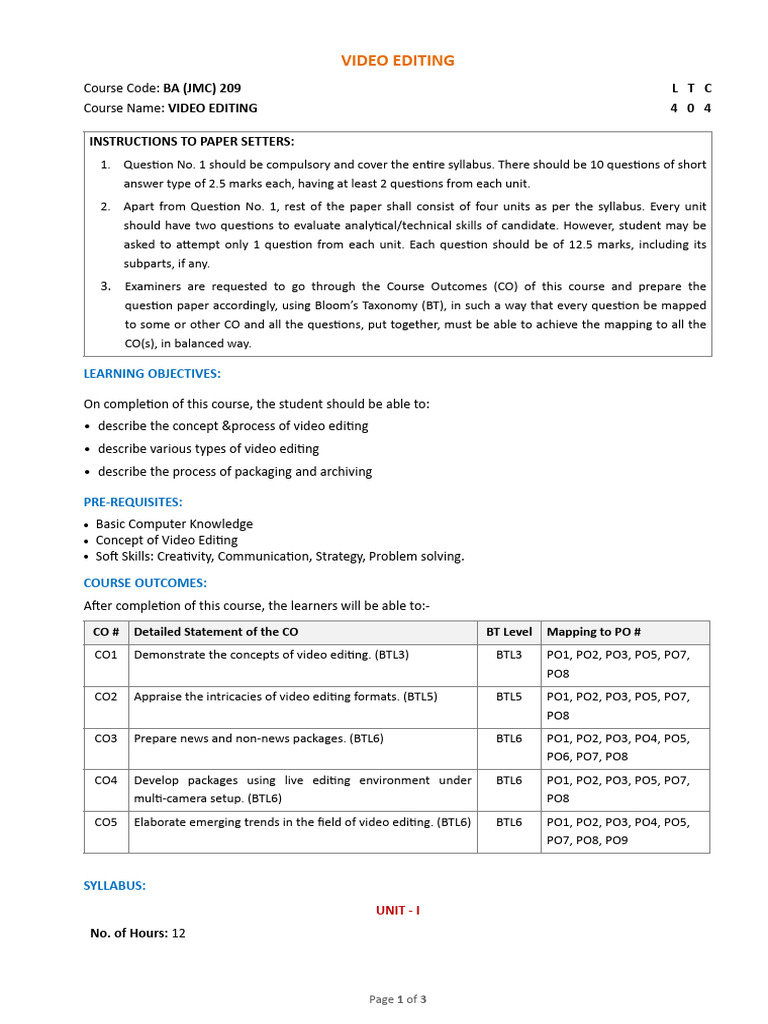 VE (209) Syllabus With Course Outcomes (CO) | PDF
