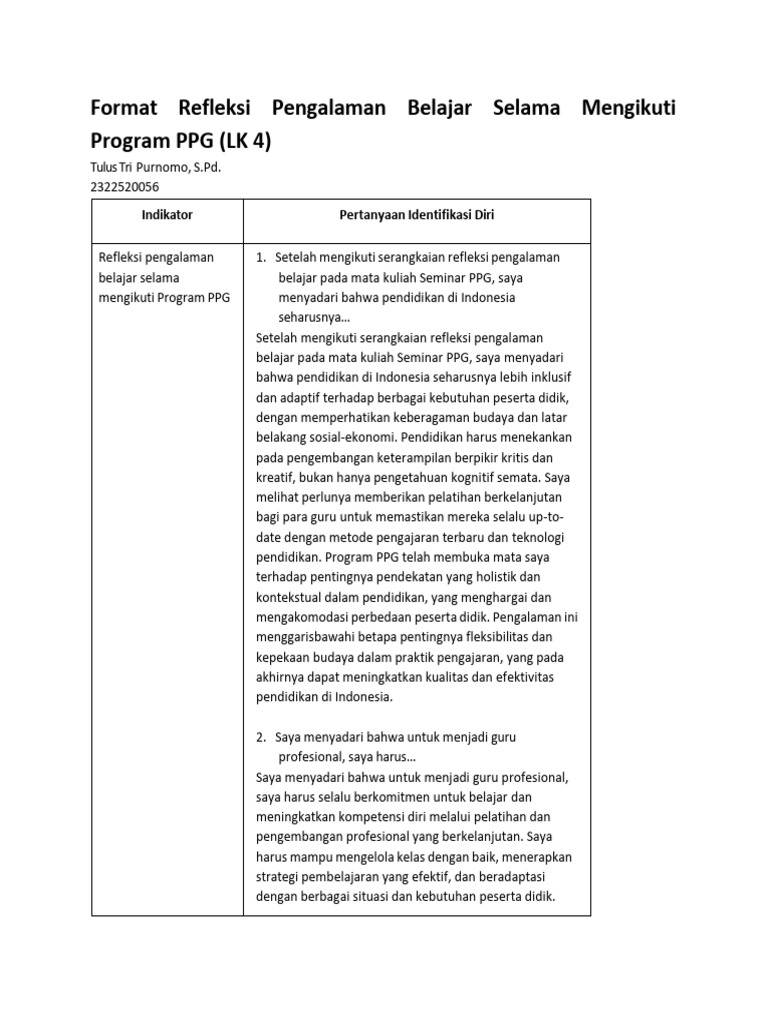 LK4-Format Refleksi Pengalaman Belajar Selama Mengikuti Program PPG | PDF