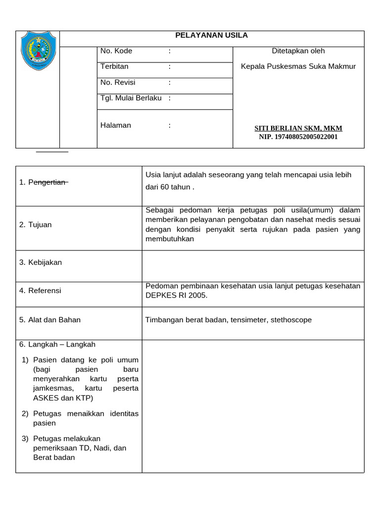 SOP Pelayanan Usila | PDF