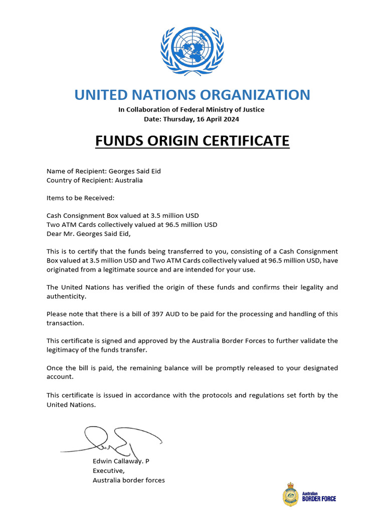 Funds Origin Certificate United Nation | PDF