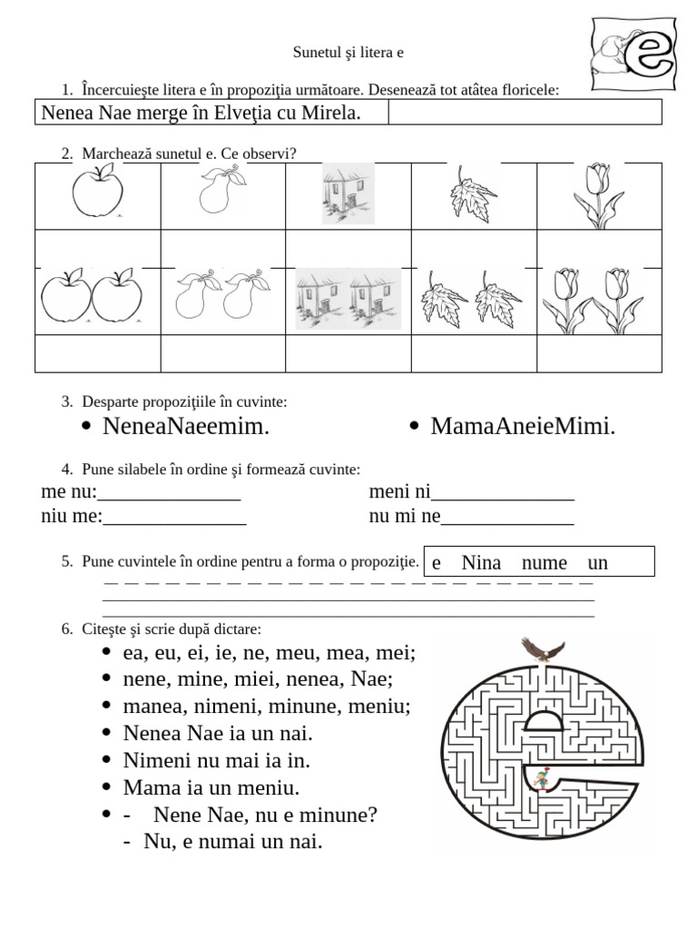 1 Sunetul Si Litera e | PDF