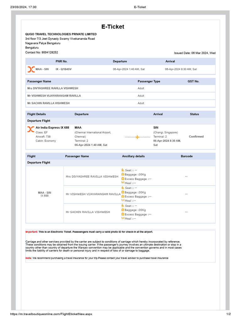 E-Ticket - Mrs DIVYASHREE RAVILLA VISHWESH Maa Sin | PDF