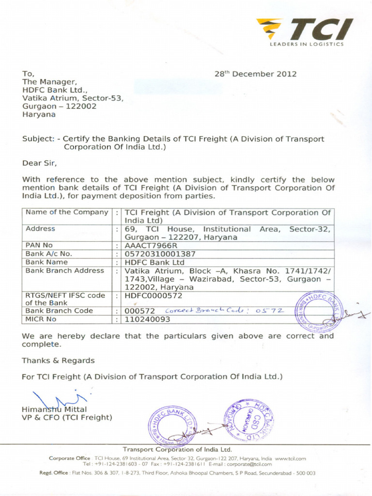 RTGS Details TCI Freight | PDF