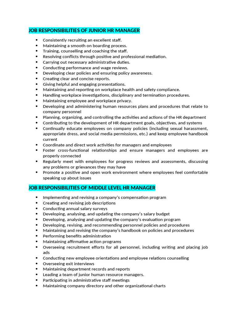 HR Manager JOB RESPONSIBILITIES | PDF