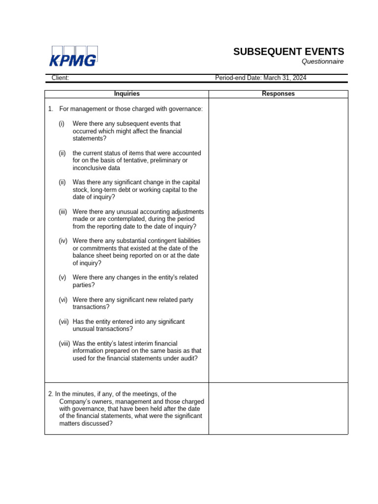 YMPI - Subsequent Events Questionnaire | PDF