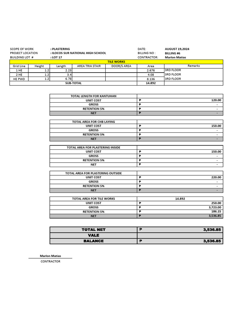 MM Billing#6 Lot 17 Plastering and CHB Laying | PDF