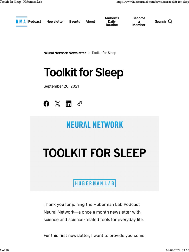 Toolkit For Sleep - Huberman Lab | PDF