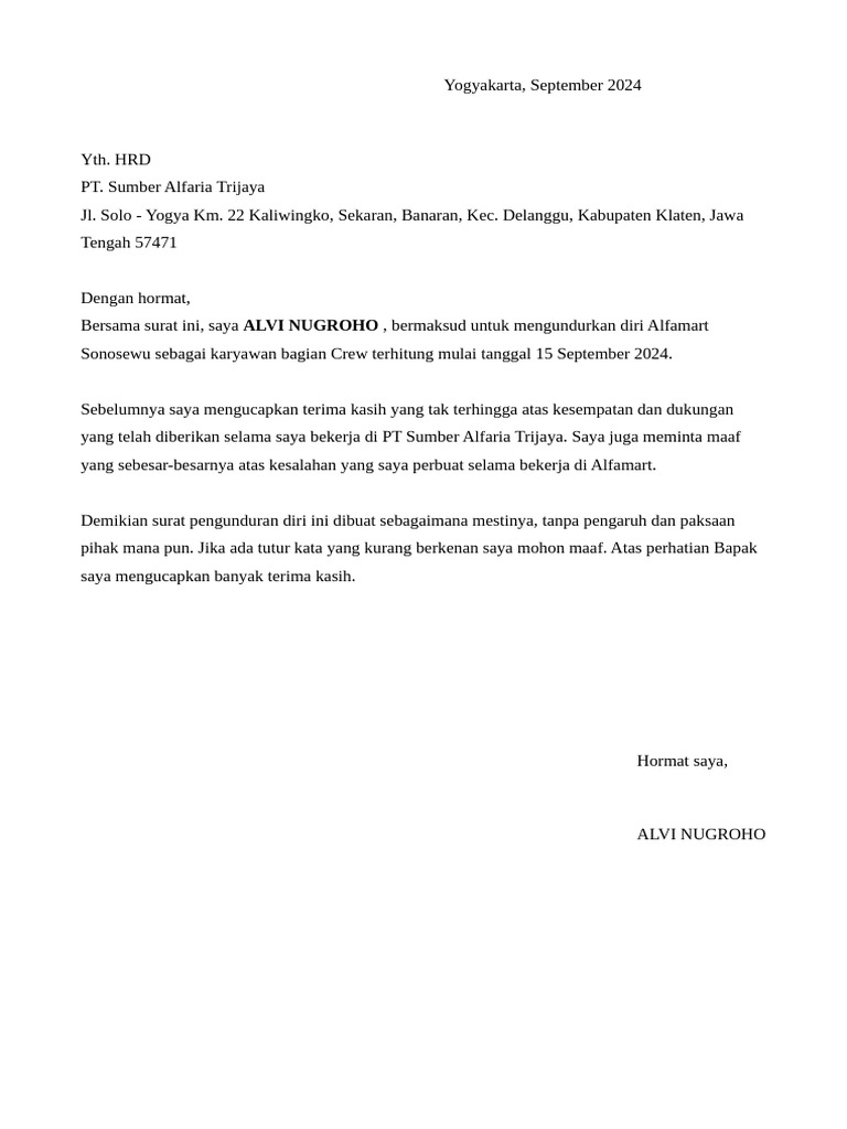 Surat Resign Alfamart A4 | PDF