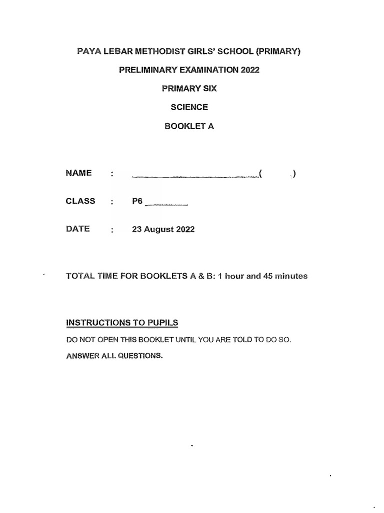 P6 Science Prelim 2022 PLMGS Exam Papers | PDF
