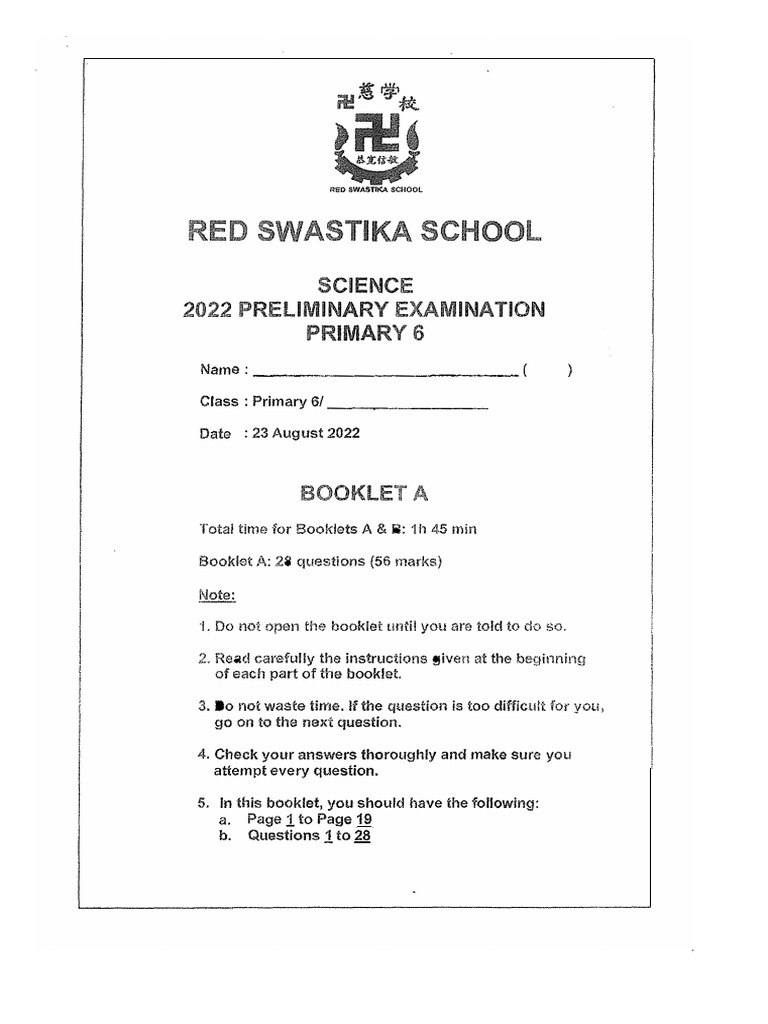 P6 Science Prelim 2022 RedSwastika Exam Papers | PDF