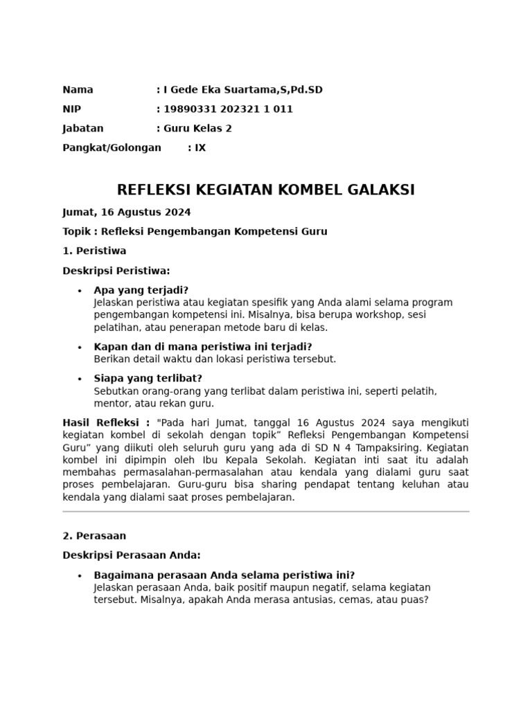 Format Refleksi 4P Untuk Guru Pak Gede | PDF