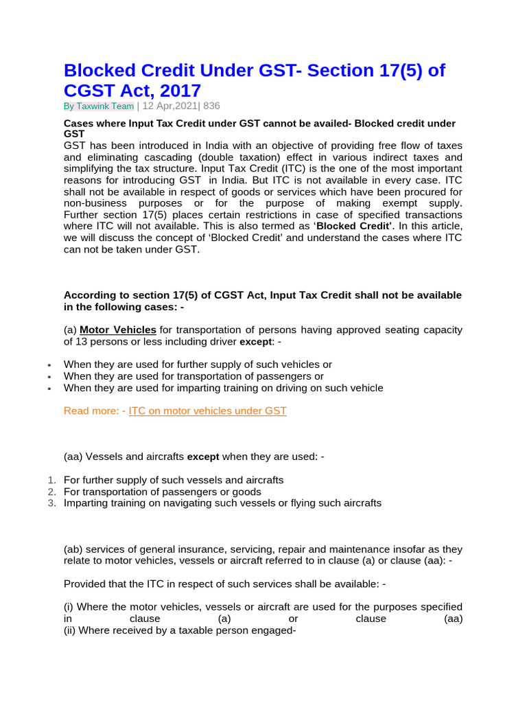 Blocked Credit Under GST - Section 17 (5) of CGST Act, 2017 | PDF