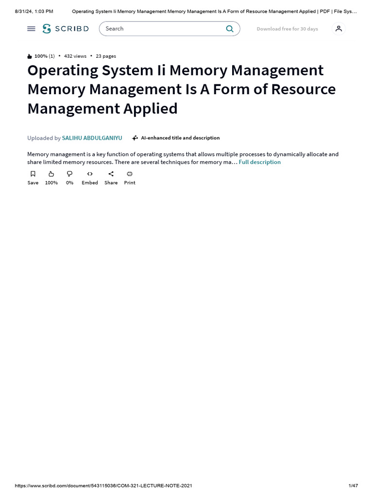 Operating System II Memory Management Memory Management Is A Form of ...