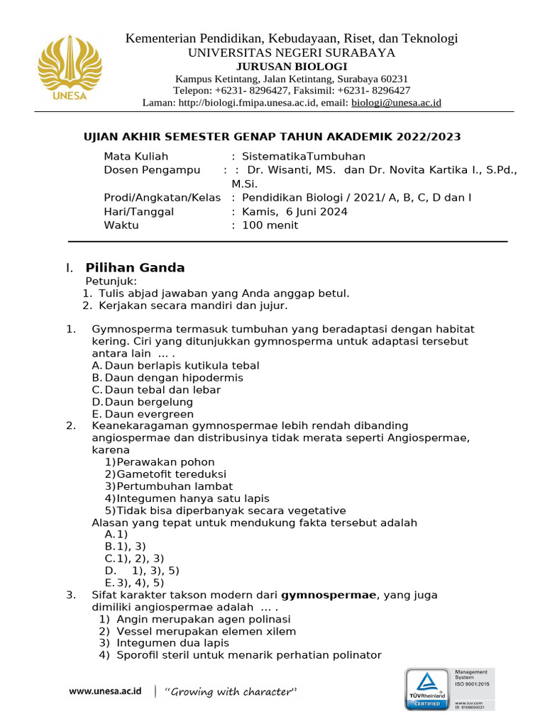 Soal UAS Sistematika Tumbuhan Semester Genap 2023-2024 Done | PDF