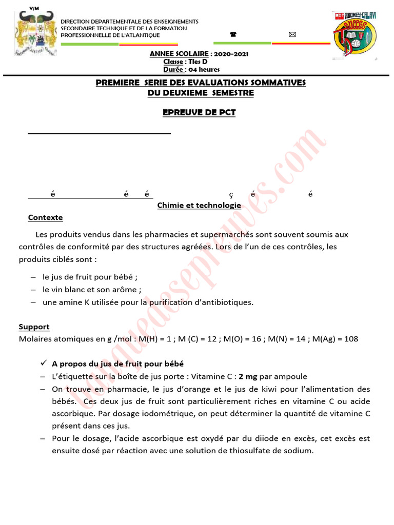 1er Devoir Du 2ème Semestre PCT Tle D 2020-2021 Ceg1 Abomey-Calavi | PDF