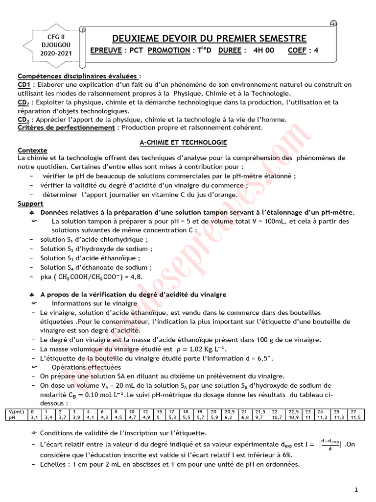 1er Devoir Du 2ème Semestre PCT Tle D 2020-2021 Ceg2 Djougou | PDF