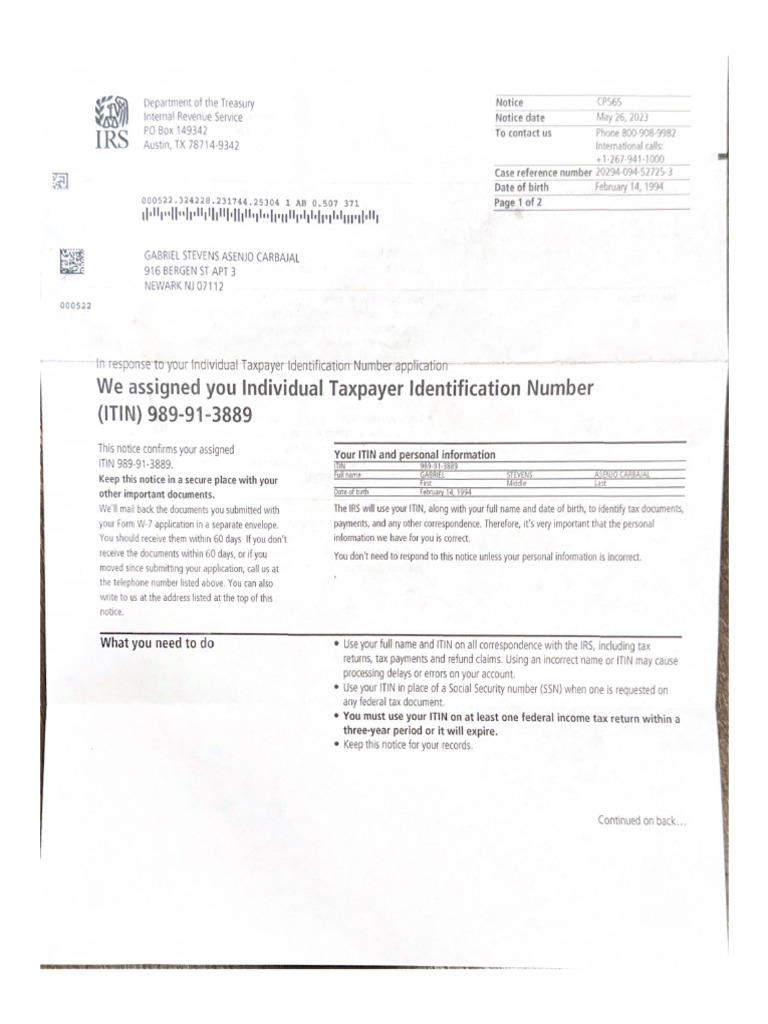 We Assigned You Individual Taxpayer Identification Number | PDF