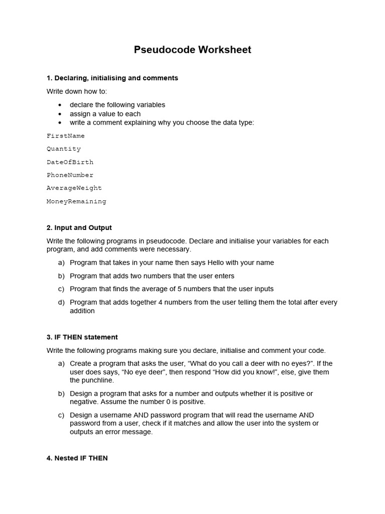 Pseudocode Worksheet | PDF