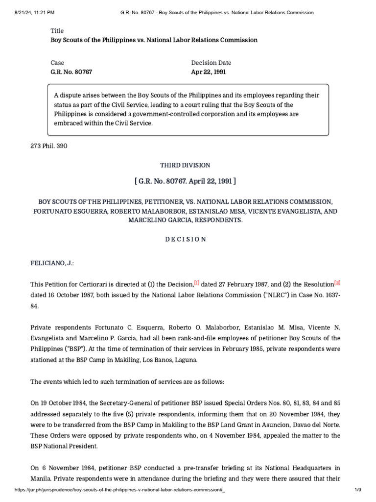G.R. No. 80767 - Boy Scouts of The Philippines vs. National Labor Relations Commission | PDF