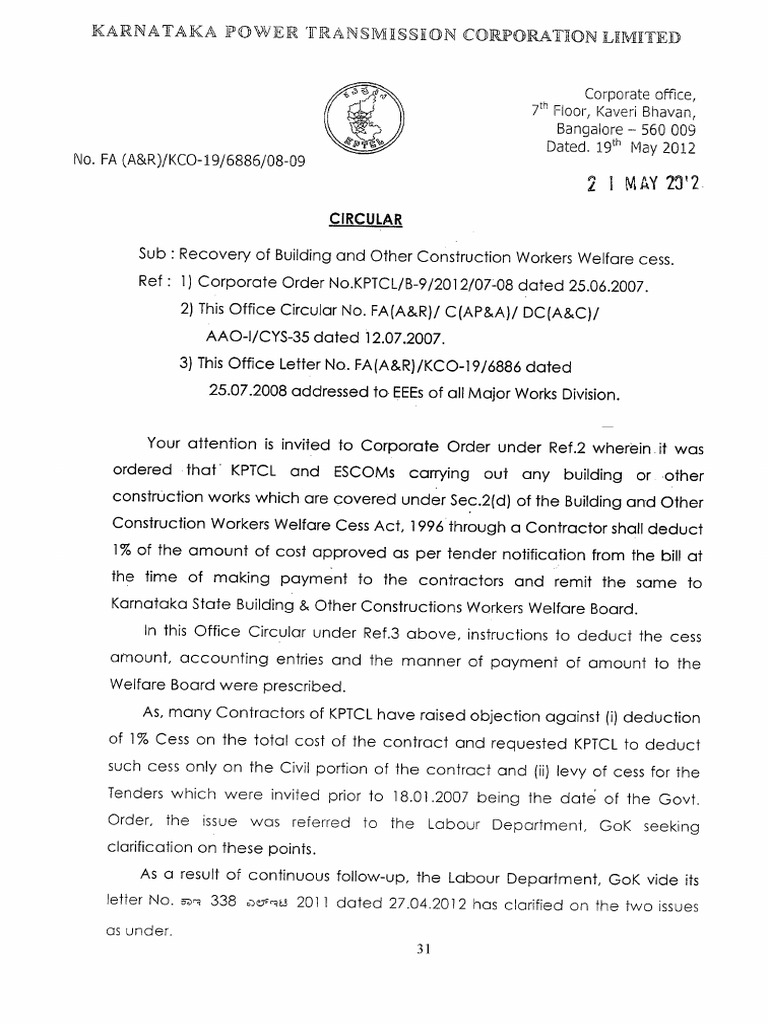 Circular Dated 19.05.2012 by KPTCL | PDF