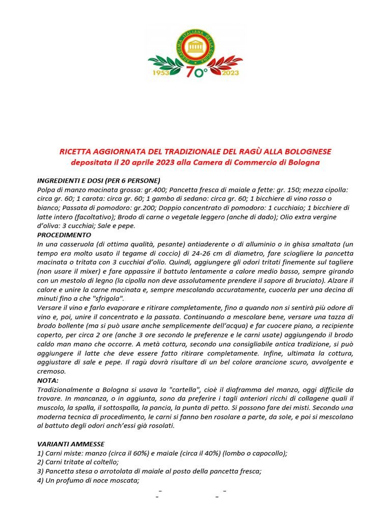 Ragù Alla Bolognese - Ricetta Aggiornata 20 Aprile 2023 | PDF