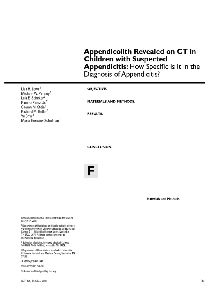 Lowe Et Al 2012 Appendicolith Revealed On CT in Children With Suspected Appendicitis | PDF