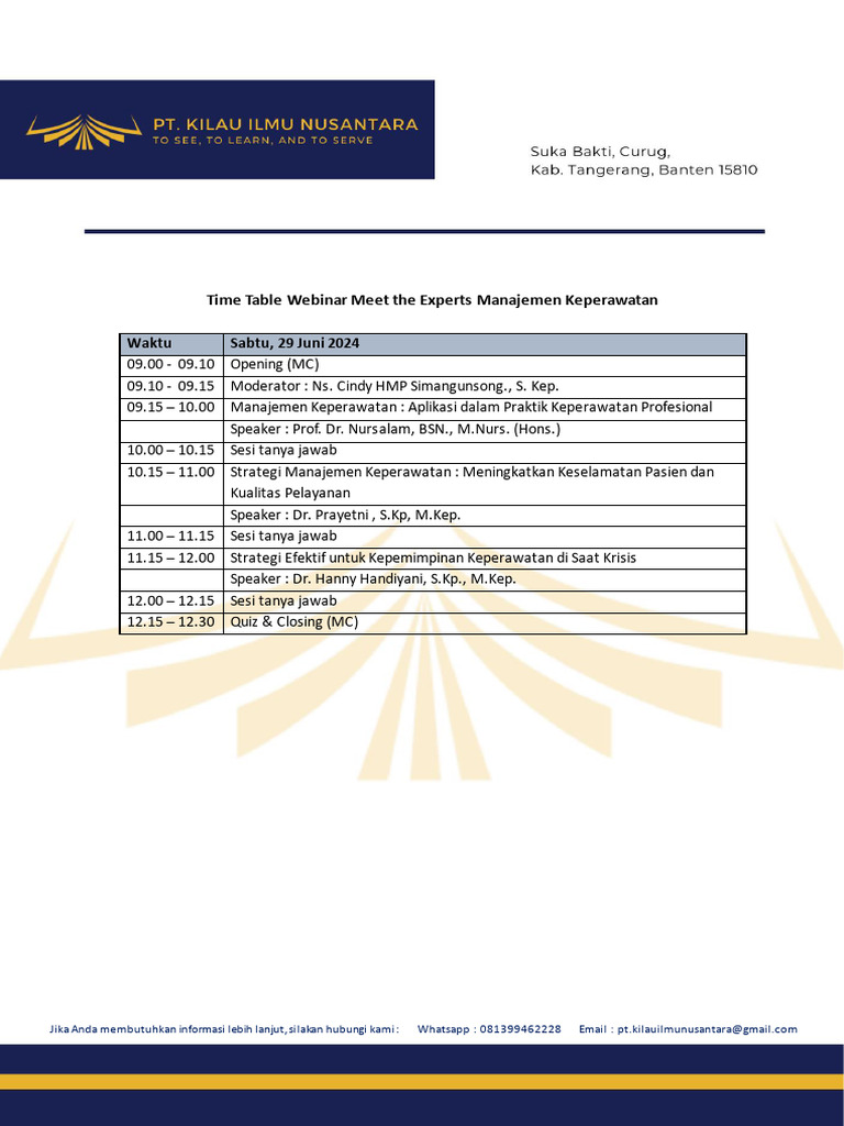 Time Table Webinar Meet The Experts Manajemen Keperawatan 29 Juni 2024 | PDF