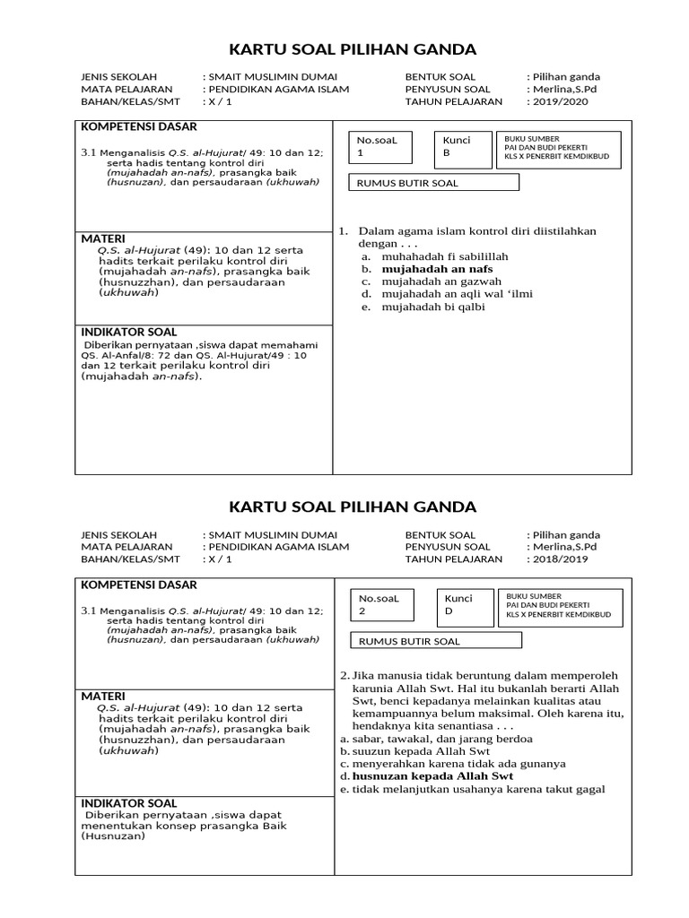 Kartu Soal PG X | PDF