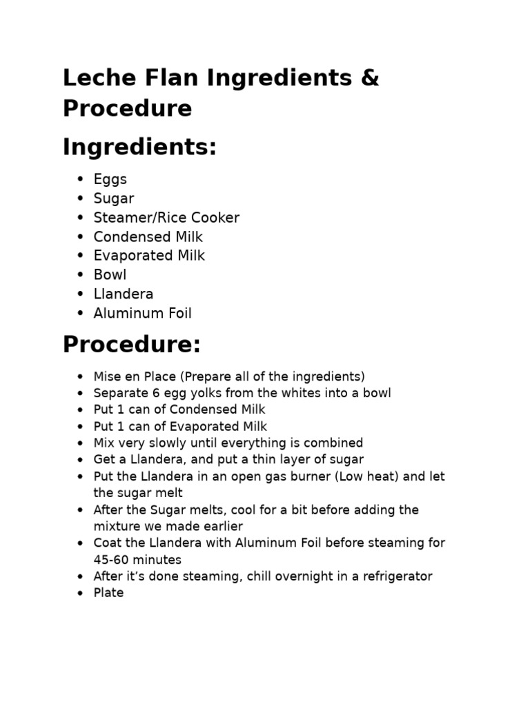 Leche Flan Procedure and Ingredients | PDF
