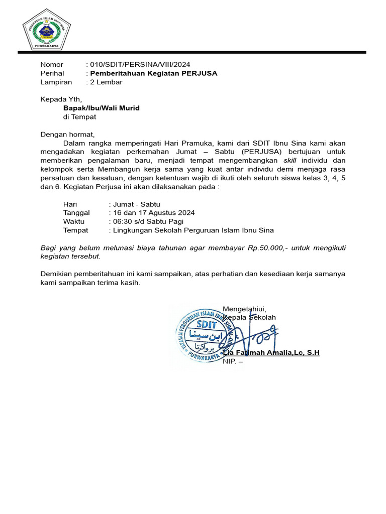 Surat Pemberitahuan Perjusa | PDF