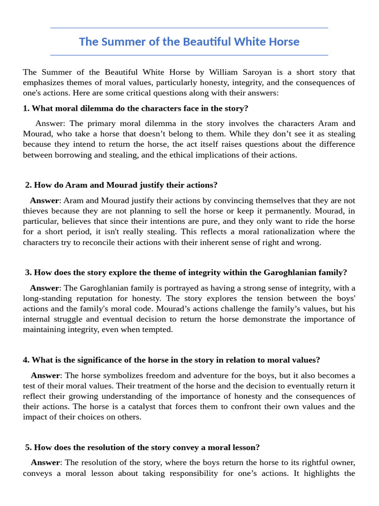 The Summer of The Beautiful White Horse Q&A | PDF | Integrity | Social ...