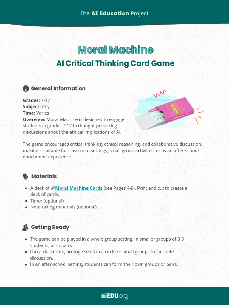Moral Machine - Critical Thinking Card Game - aiEDU | PDF
