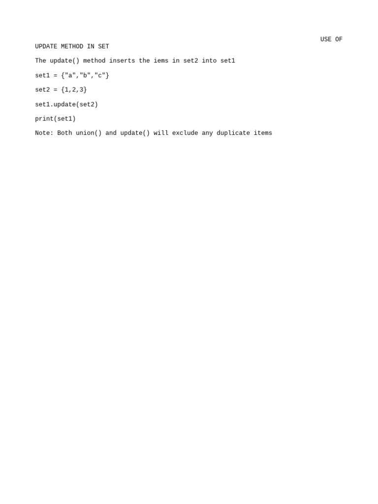 Use of Update Method in Set | PDF